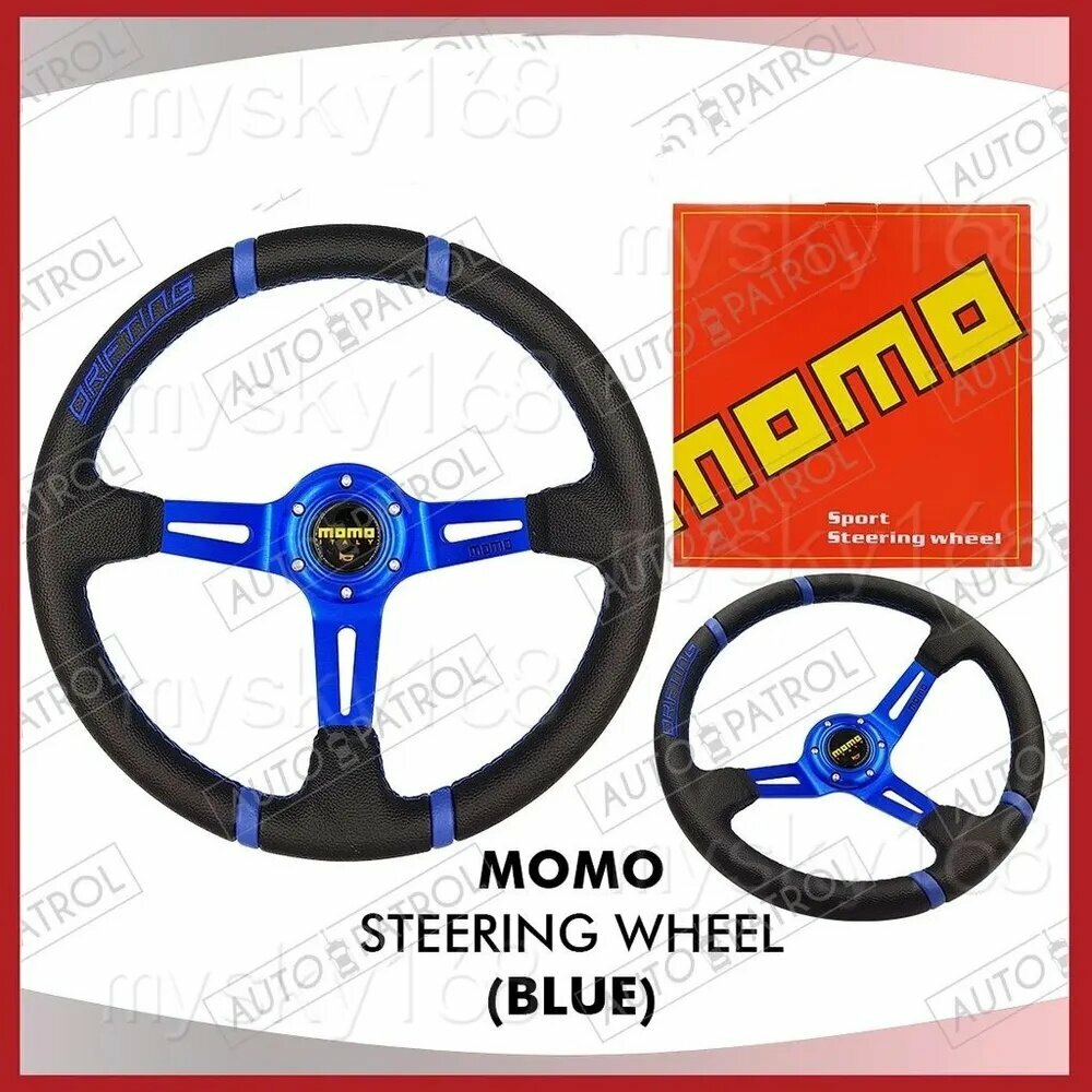 Спортивный руль, 3 спицы MOMO, без выноса, Глубокий диск-синий