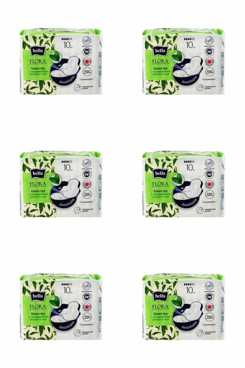 BELLA Прокладки Flora Green tea, с экстрактом зеленого чая, 10 шт/уп, 6 упаковок/