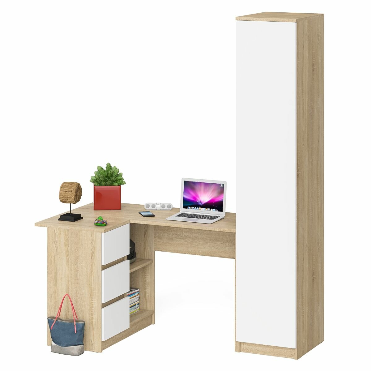Пенал СВК Мори МШ400.1 одна дверка и стол угловой компьютерный левый цвет дуб сонома/белый, 164,8х84,9х209,6 см.