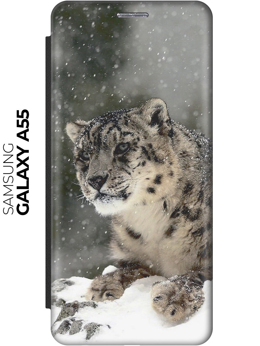 Чехол-книжка на Samsung Galaxy A55 / Самсунг А55 с рисунком "Барс и падающий снег" черный