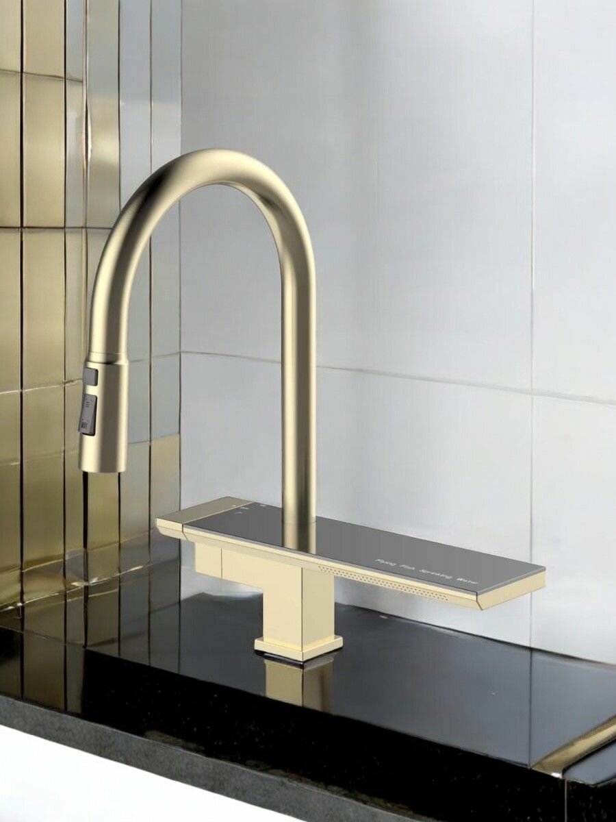 Смеситель для кухни на основании с водопадом, вытягивающимся изливом, Режим душ/ струя, цвет бронза