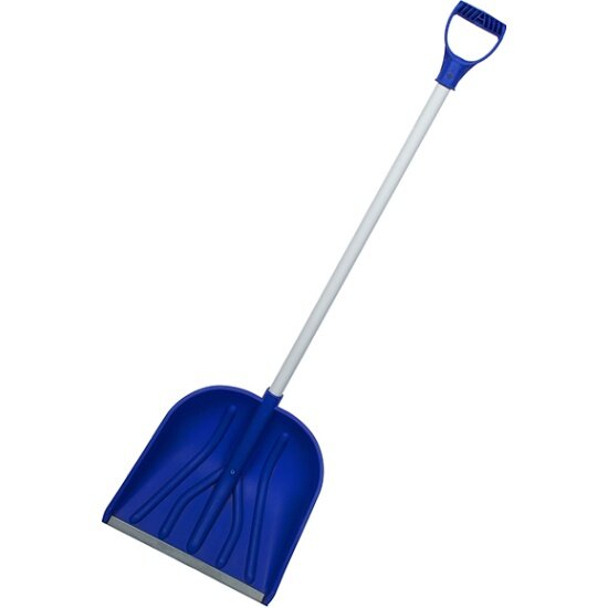 Лопата снеговая Ремоколор , пластм, с планкой, алюм. черенок, с V-образной рук, синяя, 410х460мм, 69-0-431