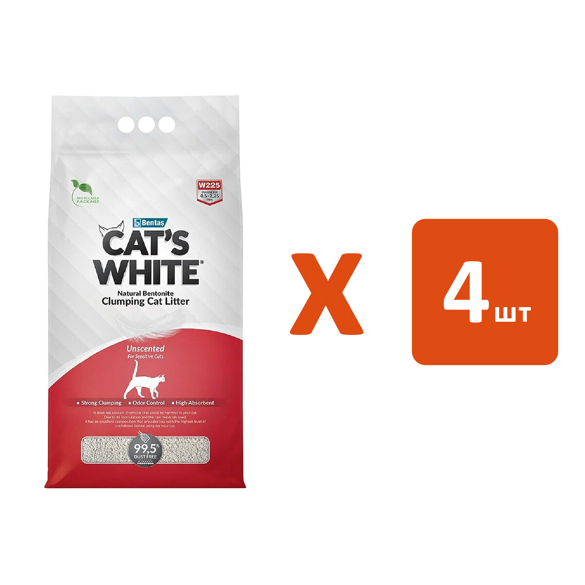 CAT'S WHITE NATURAL наполнитель комкующийся для туалета кошек без ароматизатора (5 л х 4 шт)