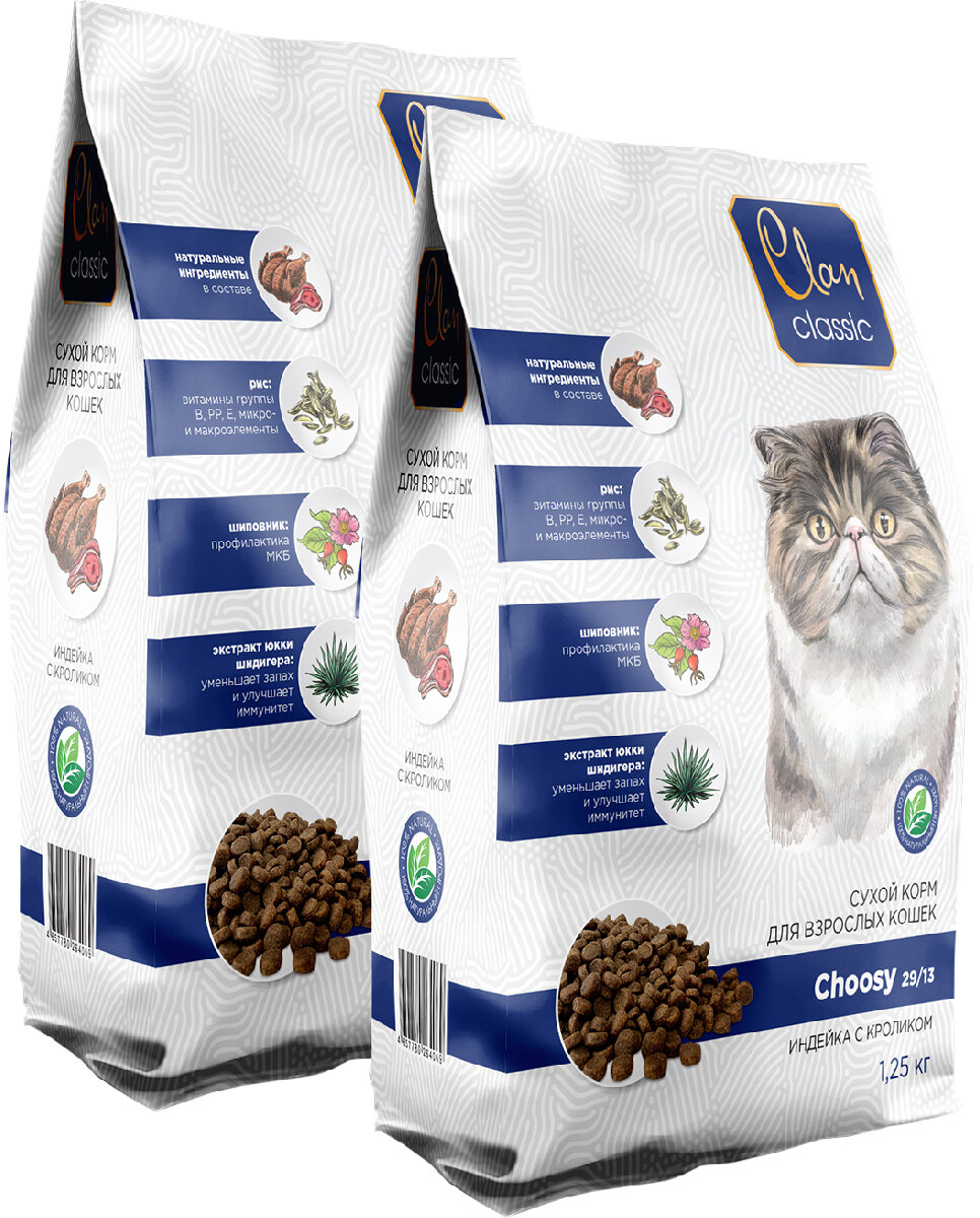 Корм сухой CLAN CLASSIC CHOOSY 29/13 для взрослых кошек с индейкой и кроликом (1,25 + 1,25 кг)