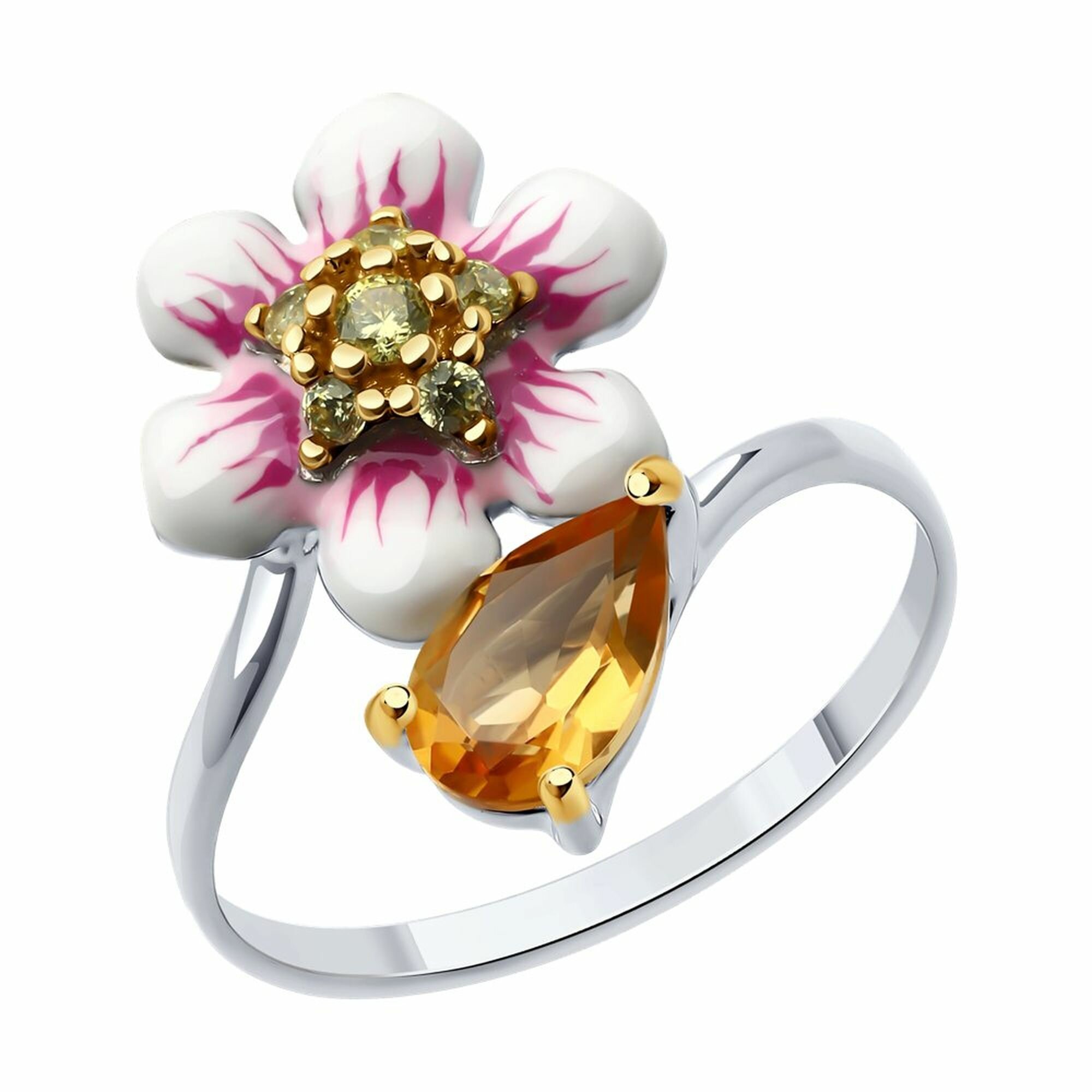 Кольцо, серебро, 925 проба, родирование, цитрин, фианит, эмаль