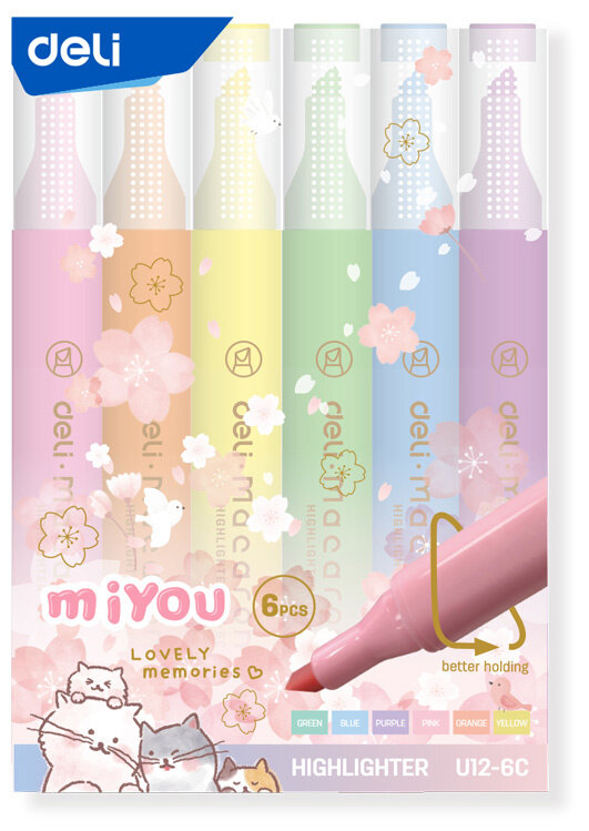 Набор текстовыделителей Deli EU12-6C MiYou скошенный пиш. наконечник 1-5мм 6цв. ассорти пакет с европодвесом (6шт.)