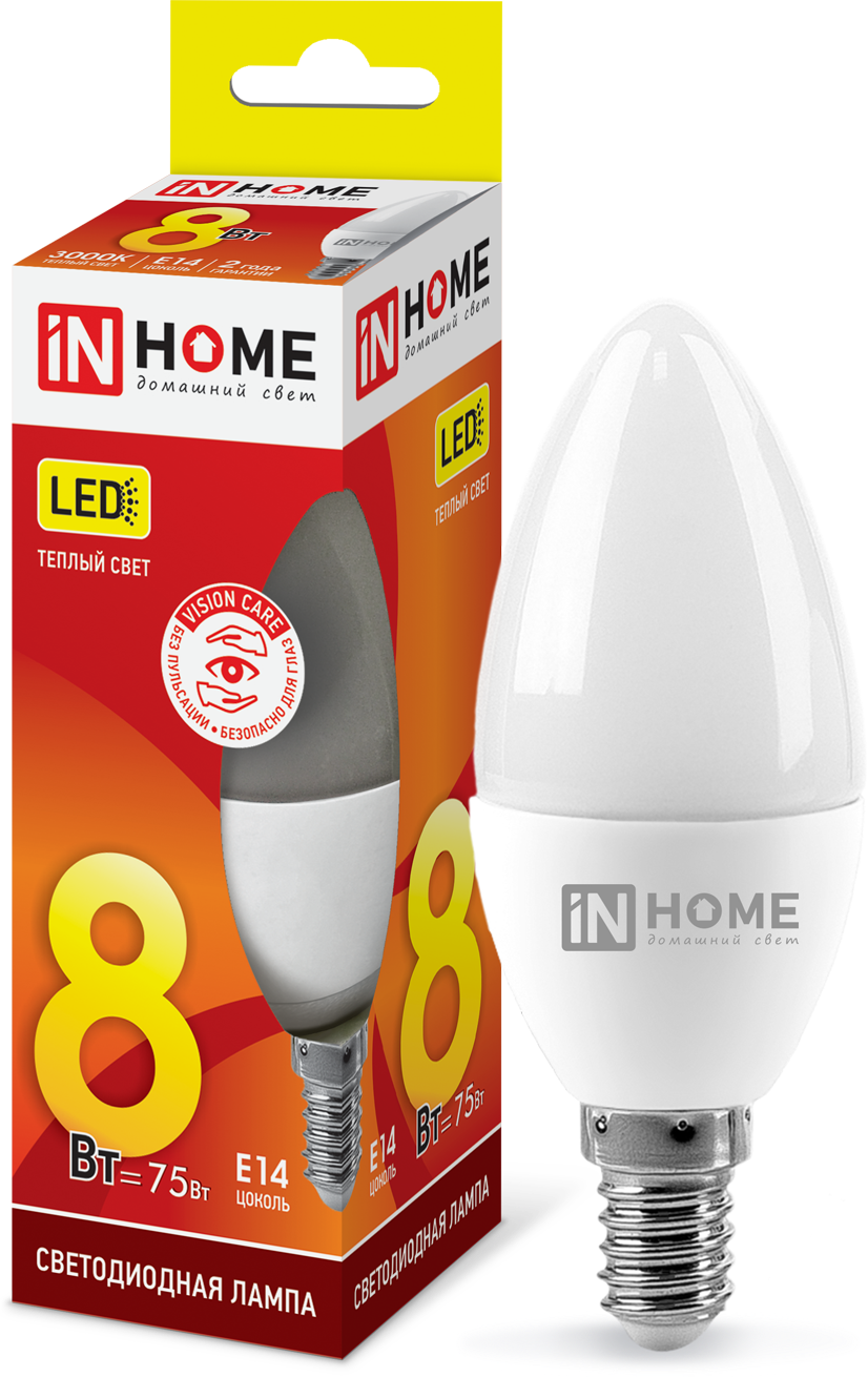 IN HOME Лампа светодиодная LED-СВЕЧА-VC 8Вт свеча 3000К тепл. бел. E14 760лм 230В 4690612020426