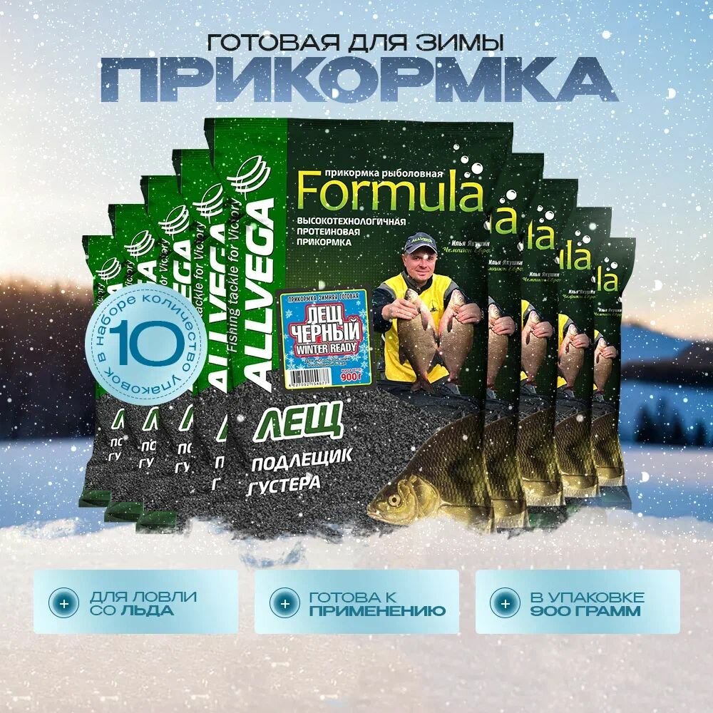 Прикормка для зимней рыбалки готовая ALLVEGA Formula Winter Ready лещ черный 10 штук по 0.9 кг.