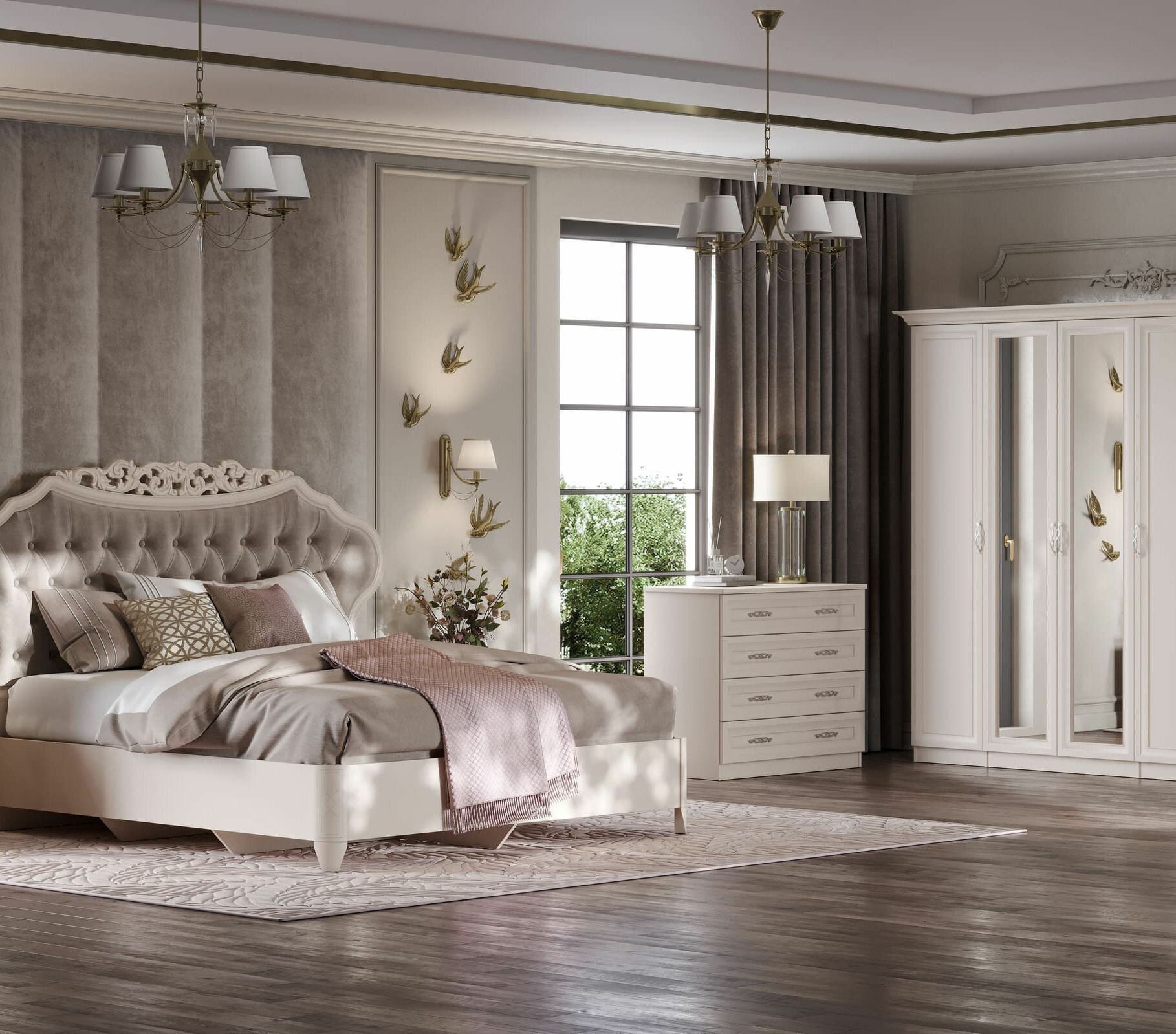 Спальный гарнитур Арида Адель беж (Кровать 1,8; 2 тумбы; туалетный стол с зеркалом и пуфом; Шкаф 4 дв)