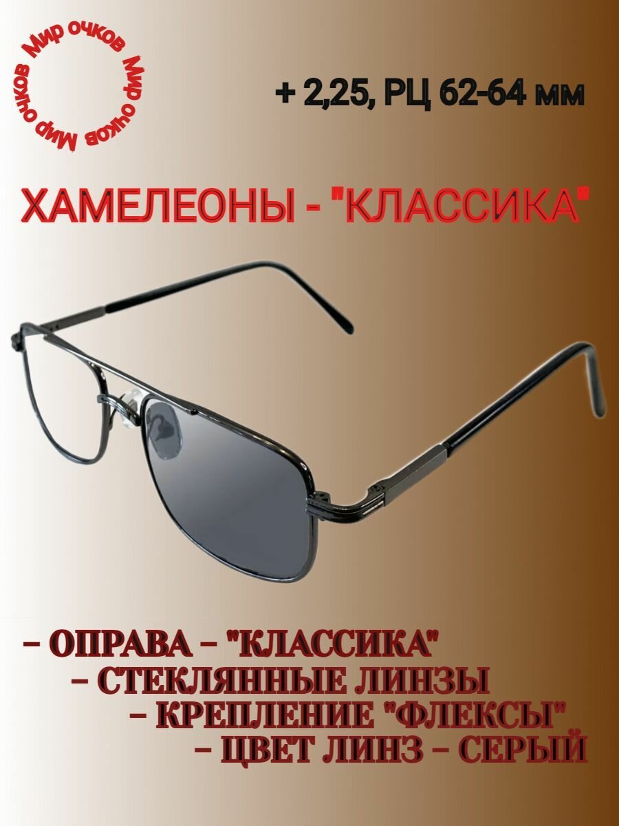 Очки мужские с фотохромными линзами (хамелеоны), стекло, РЦ 62-64 мм, +2,25, мост