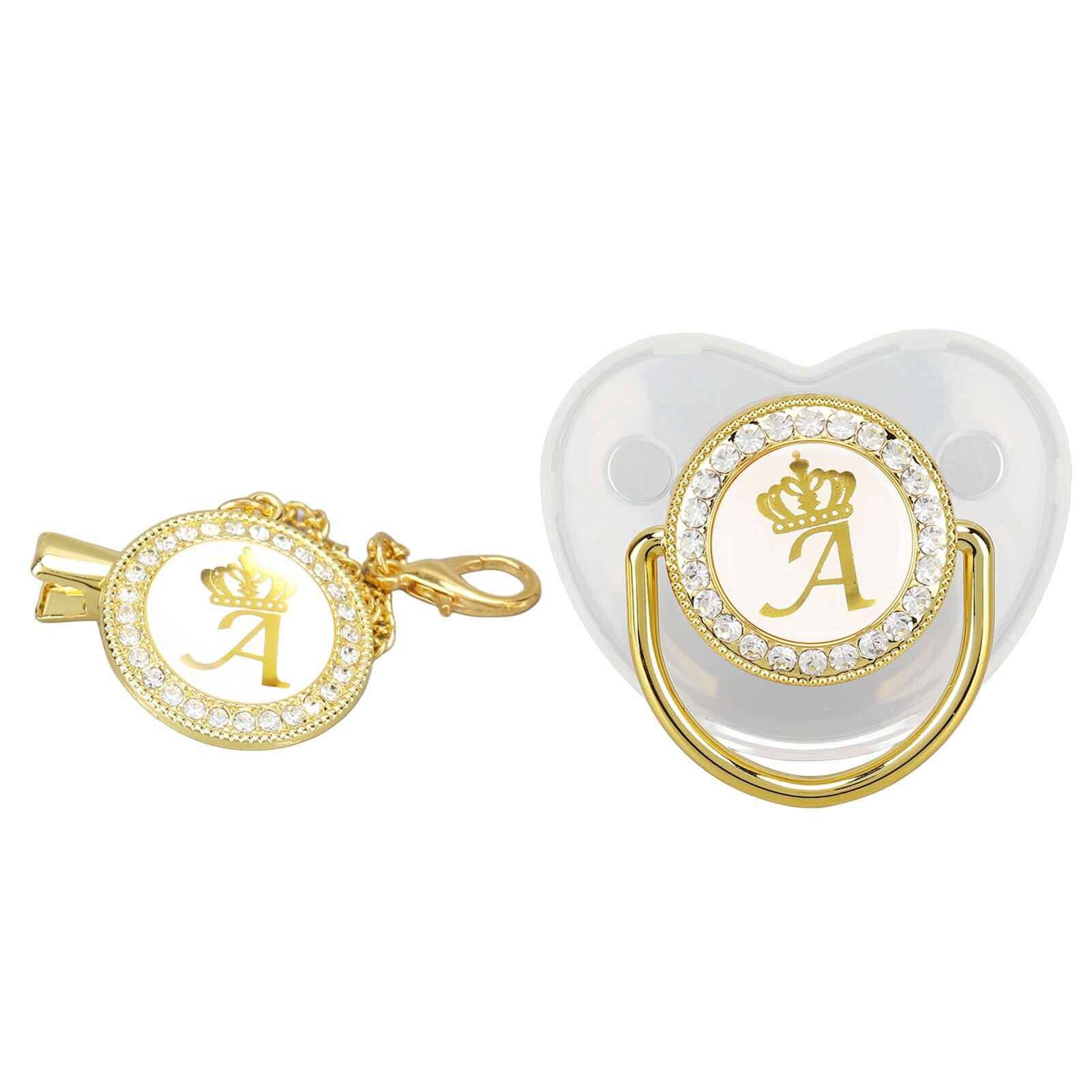 Детская соска-прорезыватель с золотыми стразами в виде букв на соске. Соска для крещения и купания малыша.