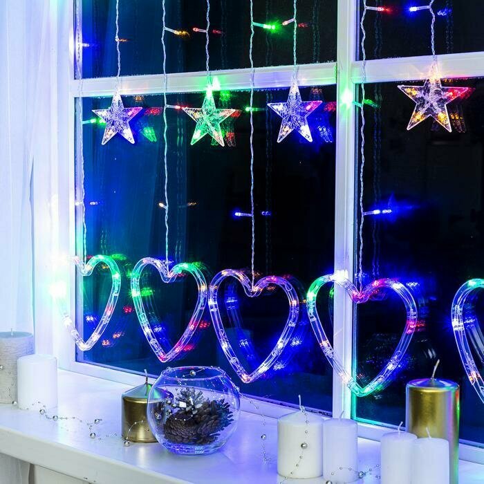 Гирлянда Luazon Lighting "Бахрома", 2,4х0,9 м, "Сердце", LED-186-220V, 8 режимов, нить прозрачная, свечение мульти (4356976)
