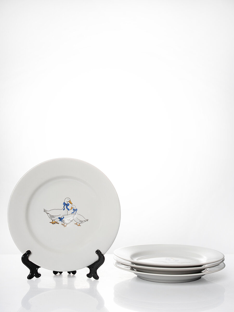 Набор фарфоровых тарелок мелких 200мм. "Гуси" новые гладкий край, Дулево - 4 шт.