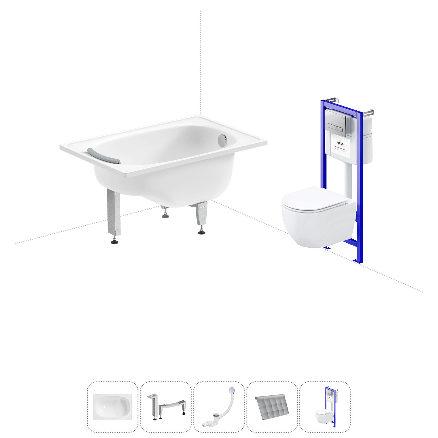 Стальная ванна 105х70 Sanitana BLB Europa Mini 20220749R в наборе 5 в 1: металлическая ванна 105 х 70 см с сиденьем, ножки, слив-перелив, подголовник, инсталляция с унитазом