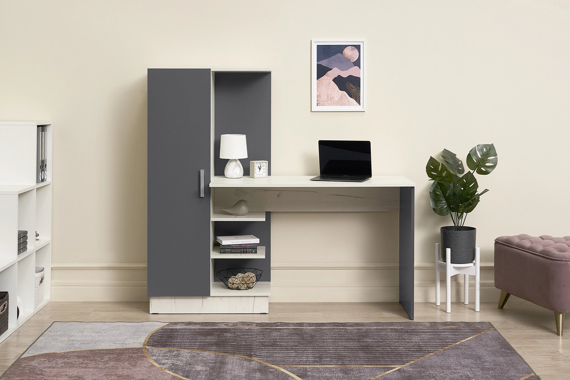 Компьютерный стол "МИФ", графит/дуб крафт белый, универсальная сборка, 1450x1350x502мм, ЛДСП