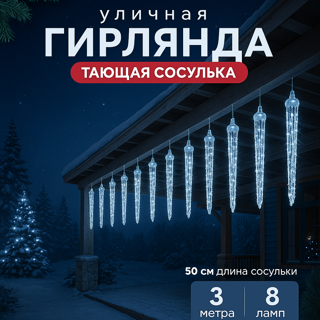 Уличная гирлянда "Тающая сосулька" 3 метра, 8 колб по 50см / Холодный свет /NEW