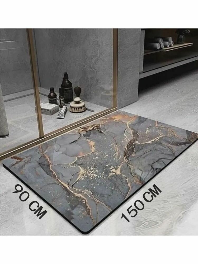 Эксклюзивный противоскользящий ковер для пола в санузел, серый 90х150 см, обладает высокими влаговпитывающими и быстросохнущими свойствами, безворсовая основа