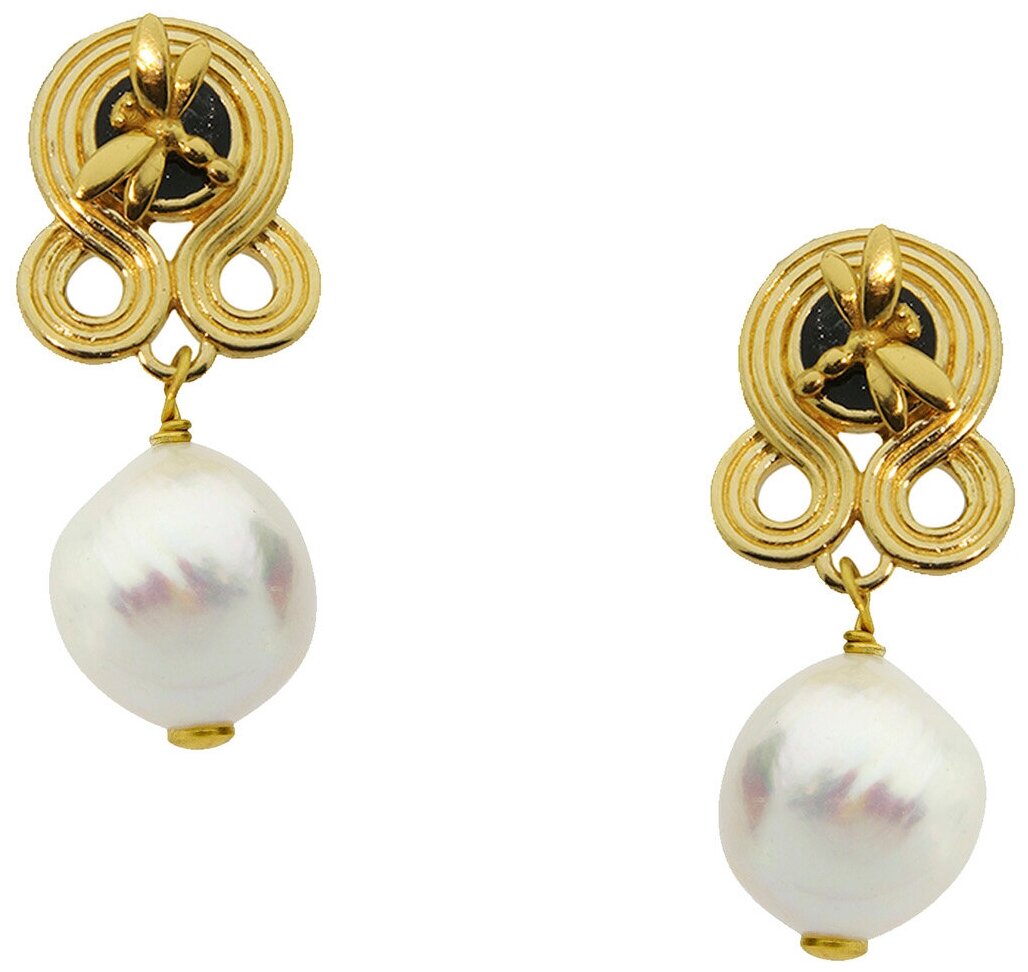 Серьги с подвесками, серебро, 925 проба, золочение, эмаль, фианит, жемчуг пресноводный