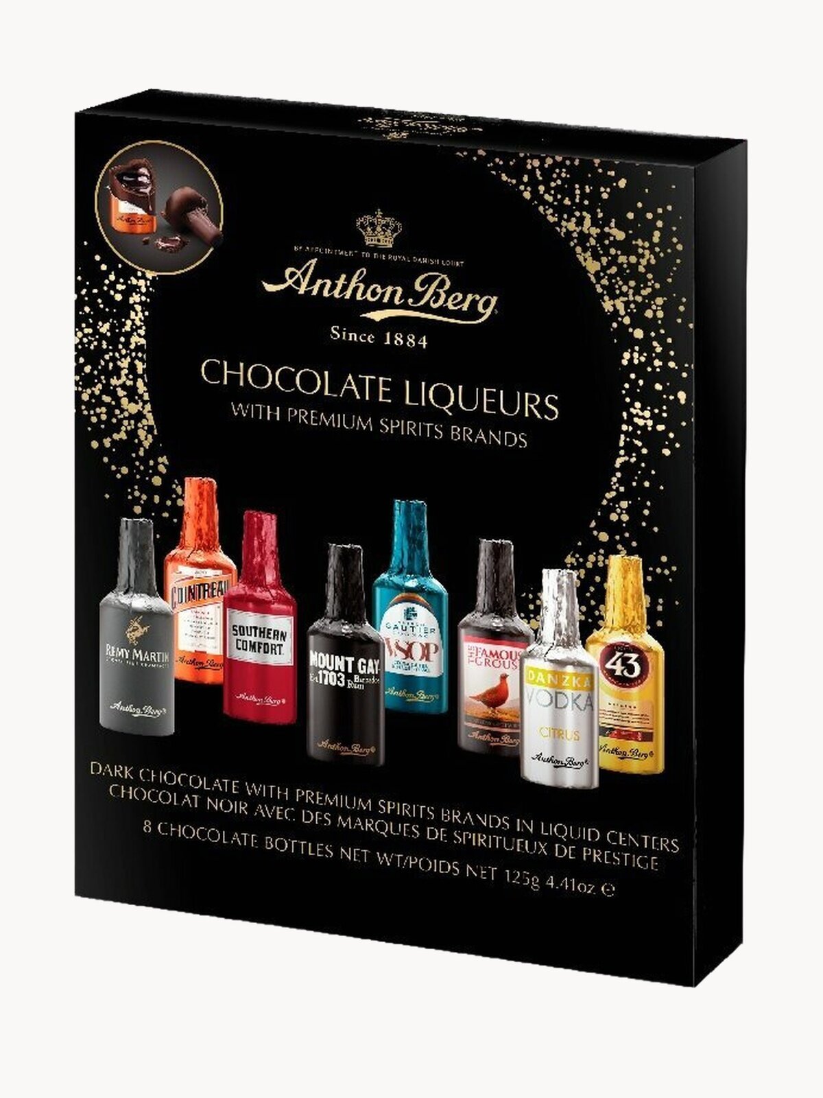 Конфеты ANTHON BERG ассорти с алкогольныйми ликерными начинками Chocolate Liqueurs, черная плоская кор. /картон/ 125г