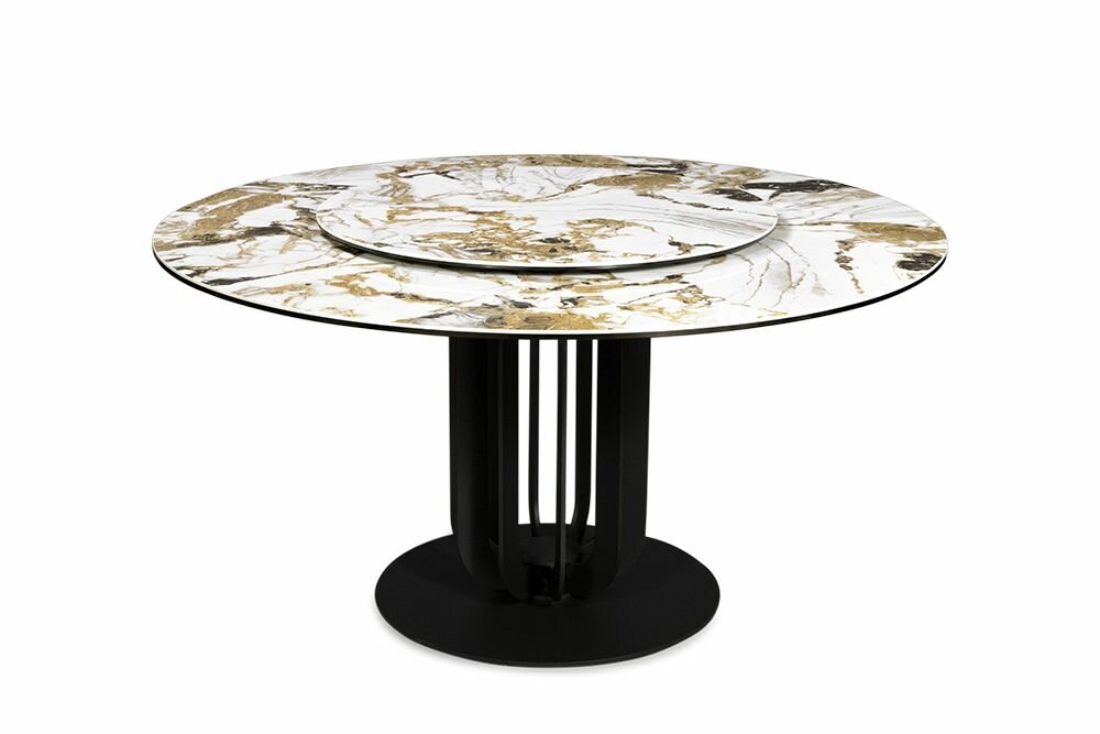 Стол обеденный керамический с вращающейся подставкой BOLZANO 150 ELITE, 150х77см (бежевый гранит глянец/черная ножка)