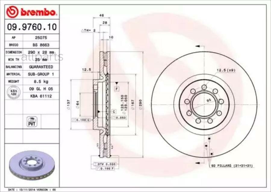 BREMBO 09.9760.10 Диск тормозной передний IVECO DAILY III BREMBO 09.9760.10
