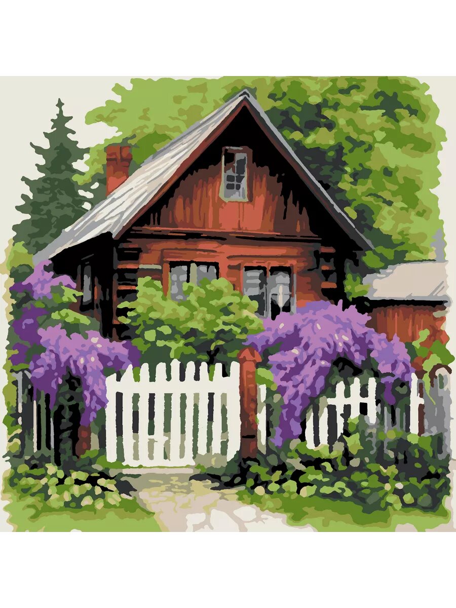 Картина по номерам "Дача и Сирень" 40 х 40 см, холст на подрамнике, уровень сложности 4