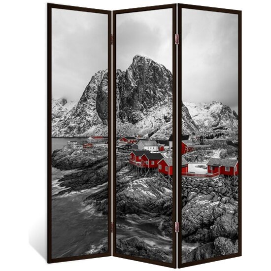 Ширма перегородка Декор Депо для комнаты деревянная "Рыбацкая деревня. Норвегия" двухсторонняя с картинкой (природа) 3 створки венге 176х140 см 11 кг