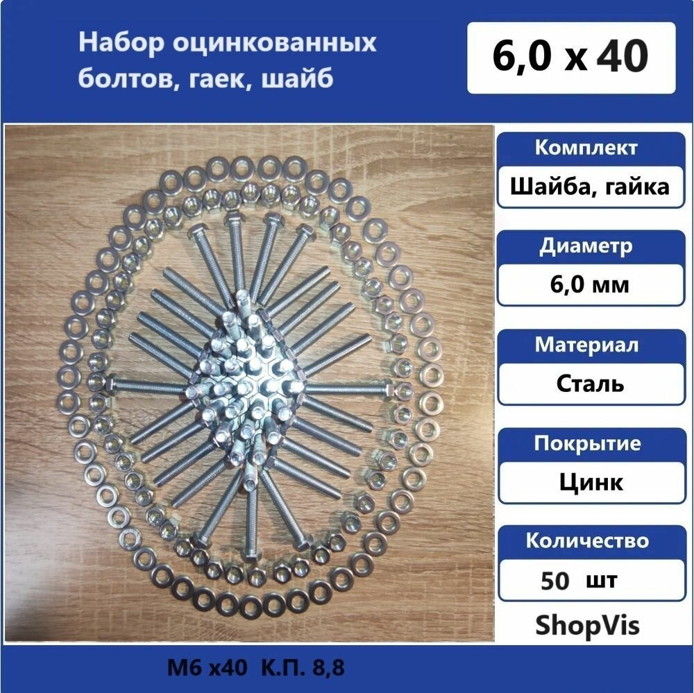 Крепежный комплект М6х40 (Болт М6х40, шайба М6, гайка М6 шестигранная) 50 шт./уп.