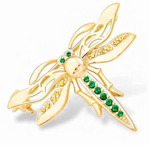 Брошь, желтое золото, 585 проба, фианит