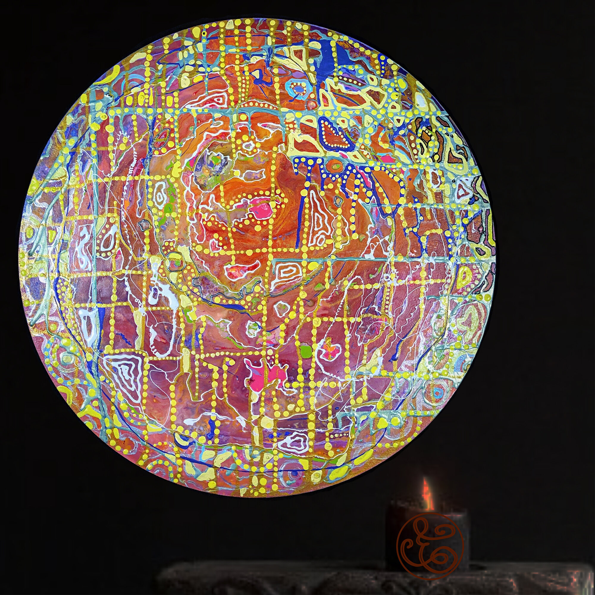 Картина Золотаревой Марины "Белая планета", холст, акрил, круглая, диаметр 60см.