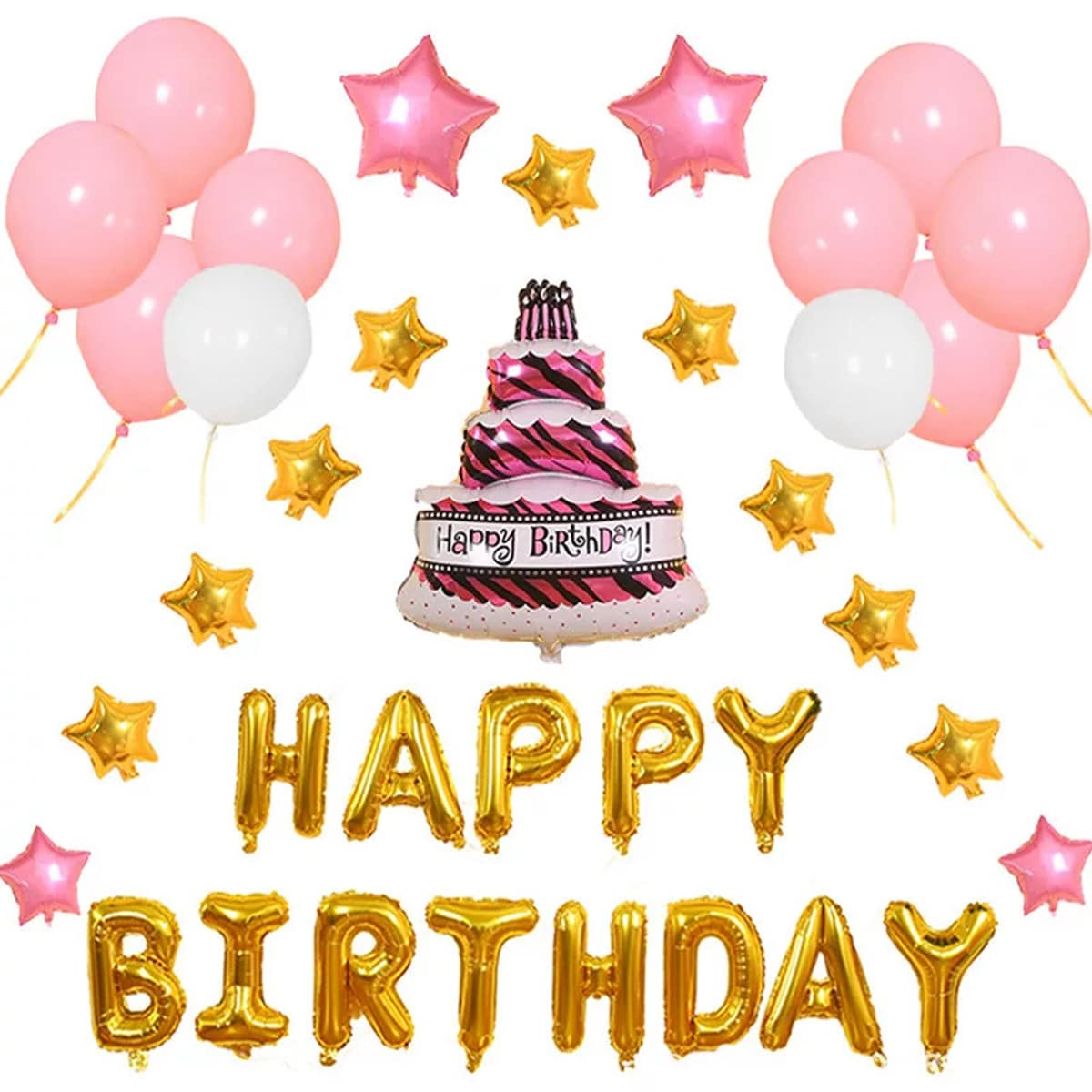 Набор воздушных шаров Happy Birthday / С днем рождения. Комплект розовый праздничный торт