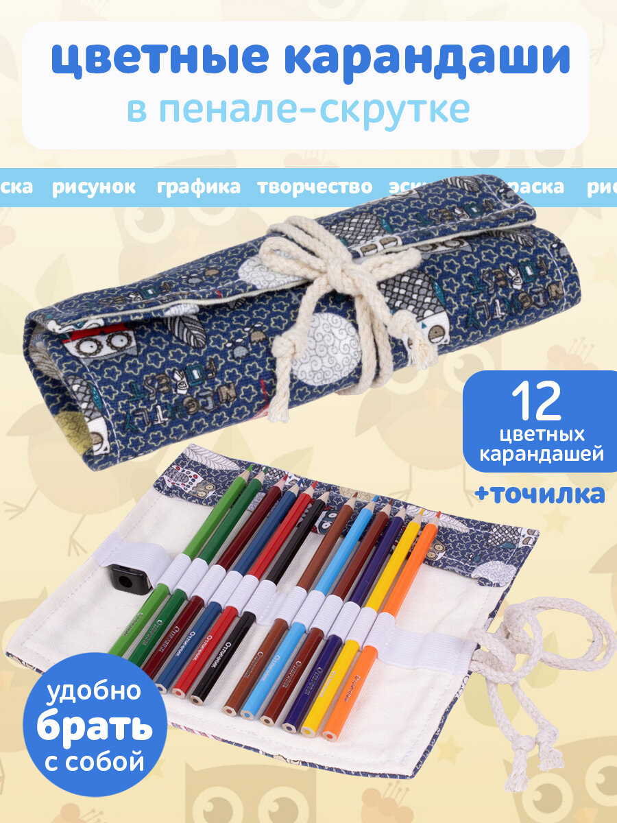 Набор цветных карандашей Отличник 12 цветов в пенале-скрутка "совы"