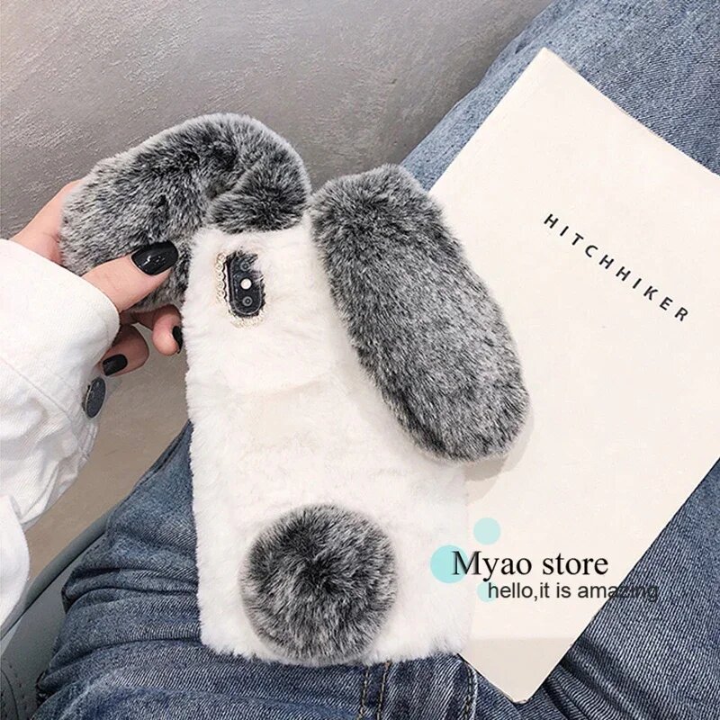 Чехол для телефона с 3D кроликом и мехом для Samsung Galaxy A06 A16 A55 25 35 15 05 05S A26 36 56 S24 Ultra Plus S24 FE, теплый пушистый чехол White-Dgrey, For Galaxy-A56