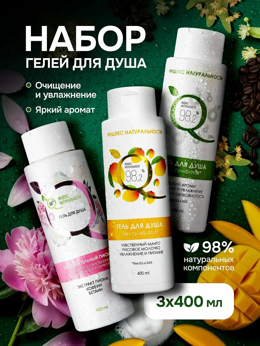 Набор гелей Индекс натуральности, для душа, для всех типов кожи, 3 шт, 400 мл