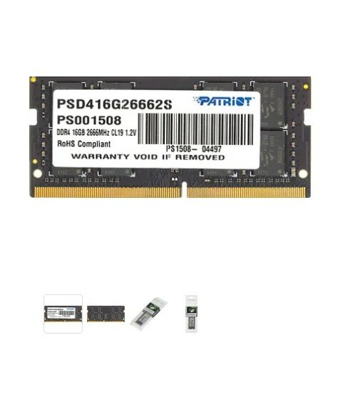 Оперативная память Patriot Signature, DDR4, 16GB (1x16 GB), 2666 MHz, CL19, SO-DIMM (Новая)