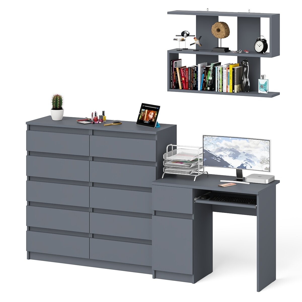 Комод 10-ть ящиков СВК Мори МК1200.10 с компьютерным столом левый и полкой цвет графит