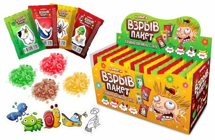 Взрыв пакет взрывная карамель с 2-мя тату, блок 100 шт. (1г х 100 х 24)