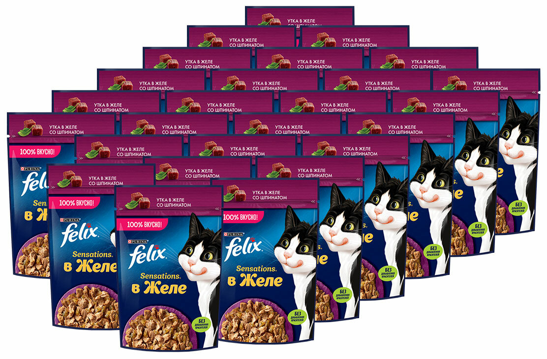 Корм влажный Felix Sensations для кошек, утка в желе со шпинатом, 75 г х 26 шт