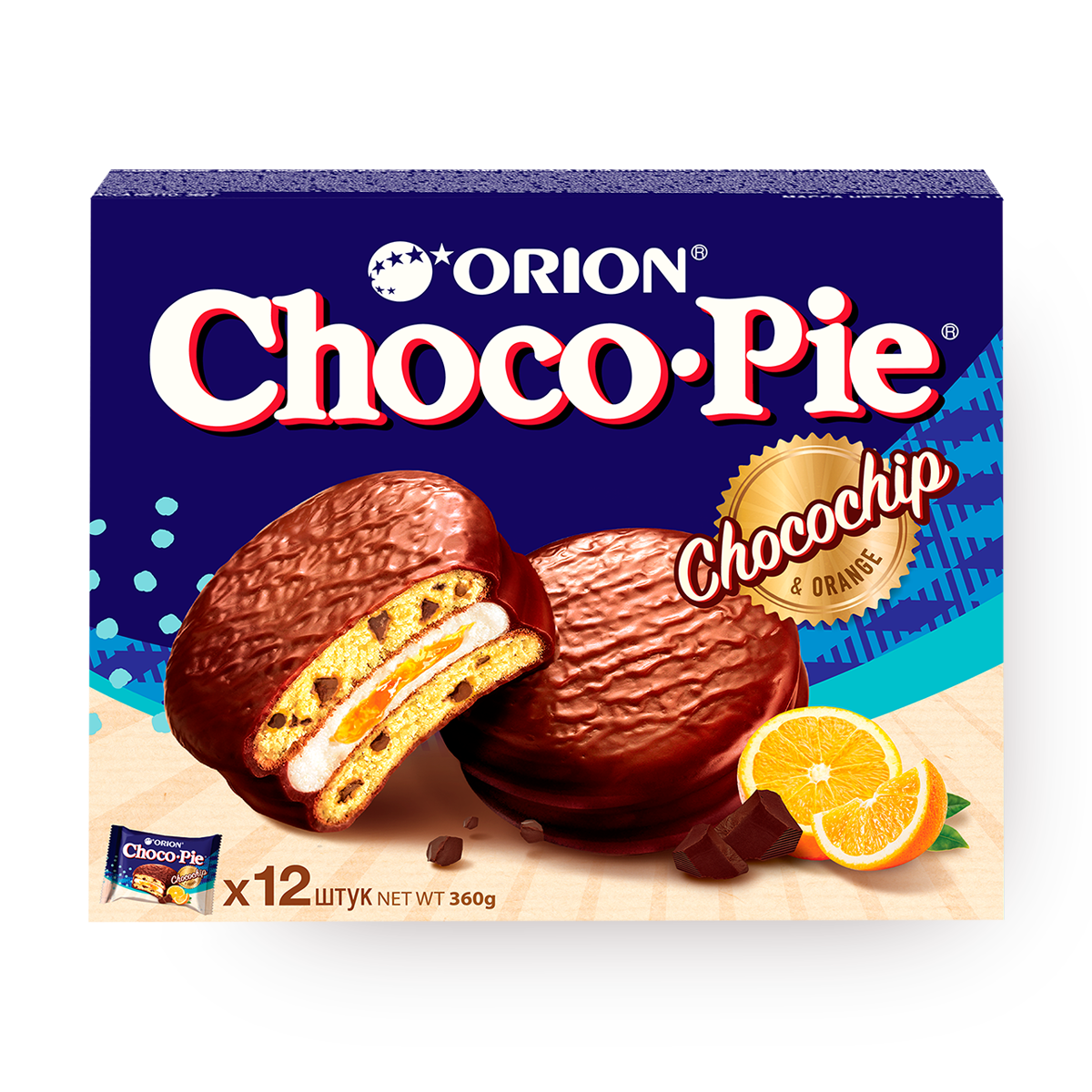 Печенье Orion Choco Pie, апельсин, с кусочками шоколада, в картонной коробке, 360 г