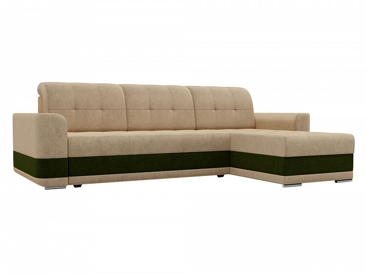 Угловой диван Честер Бежево-Зеленый Вельвет, еврокнижка, 280х150х90 см, с ящиком для белья