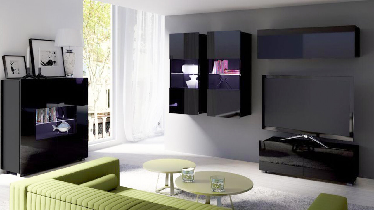 Модульная гостиная Порту 12 МДФ (черная) NOW 340x200x43 см, черный, черный мдф Фиеста