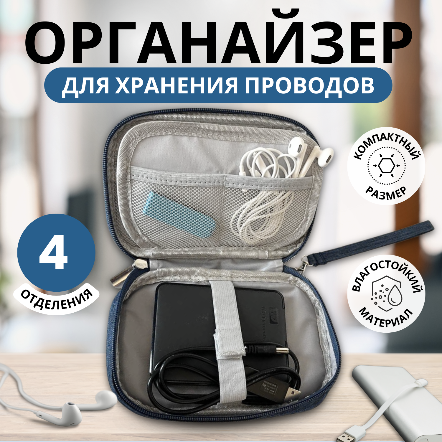 Органайзер для проводов и аксессуаров, синий, прямоугольный, на молнии