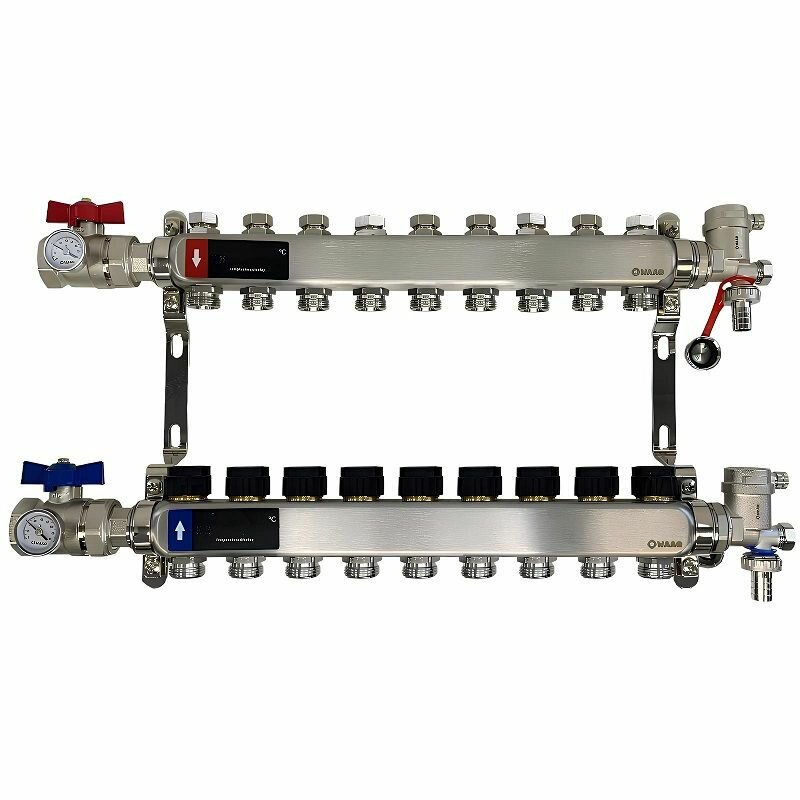 Коллектор для радиаторов в сборе на 9 контуров с термостатическими клапанами и запорными кранами, сталь нержавеющая, WAAG 1"х3/4"