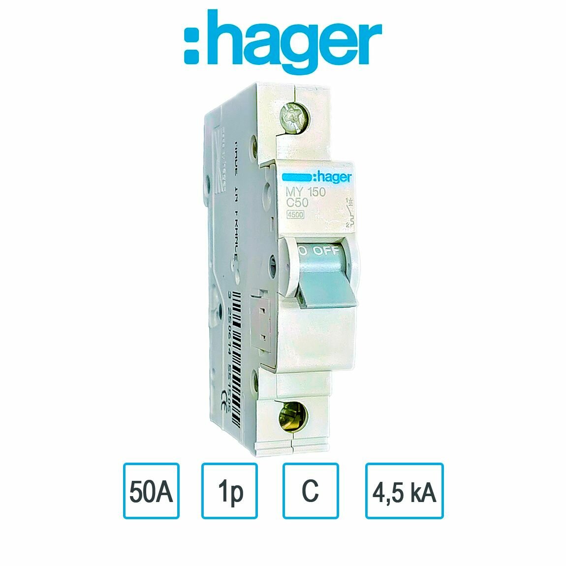 Автоматический выключатель, 50А, 1P, C, 4,5 kA, Hager, MY150