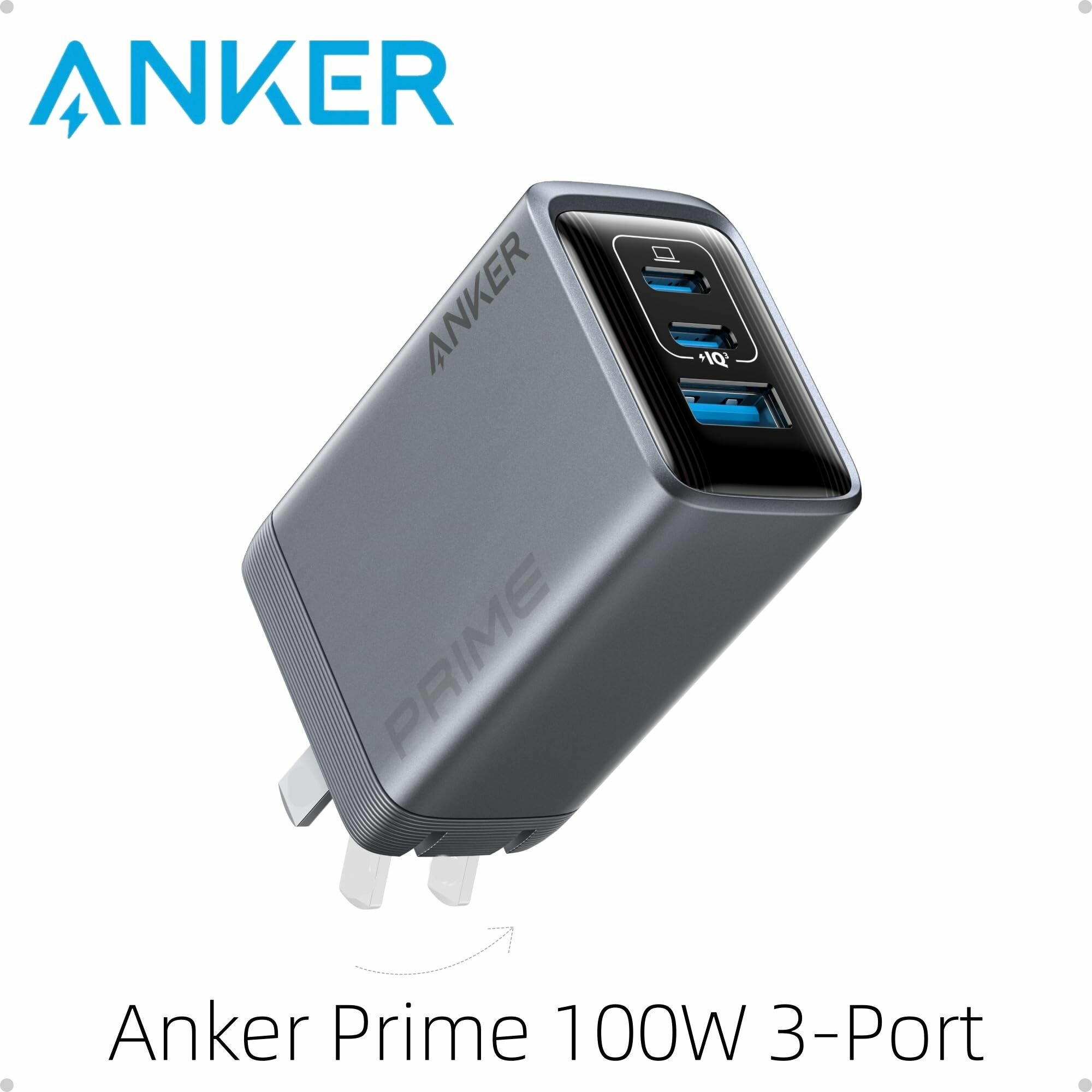 Anker Prime Charger, 100W USB C 3-Port GaN Block, складывающийся и компактный для MacBook, iPad, iPhone Series