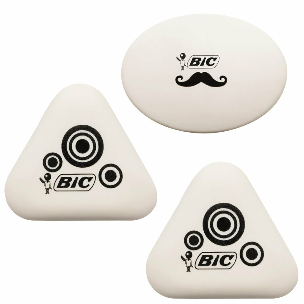 Набор ластиков BIC, "Mini Fun" 3 шт, белый с рисунком, 2 треугольных и 1 овальный, 927870, 273086