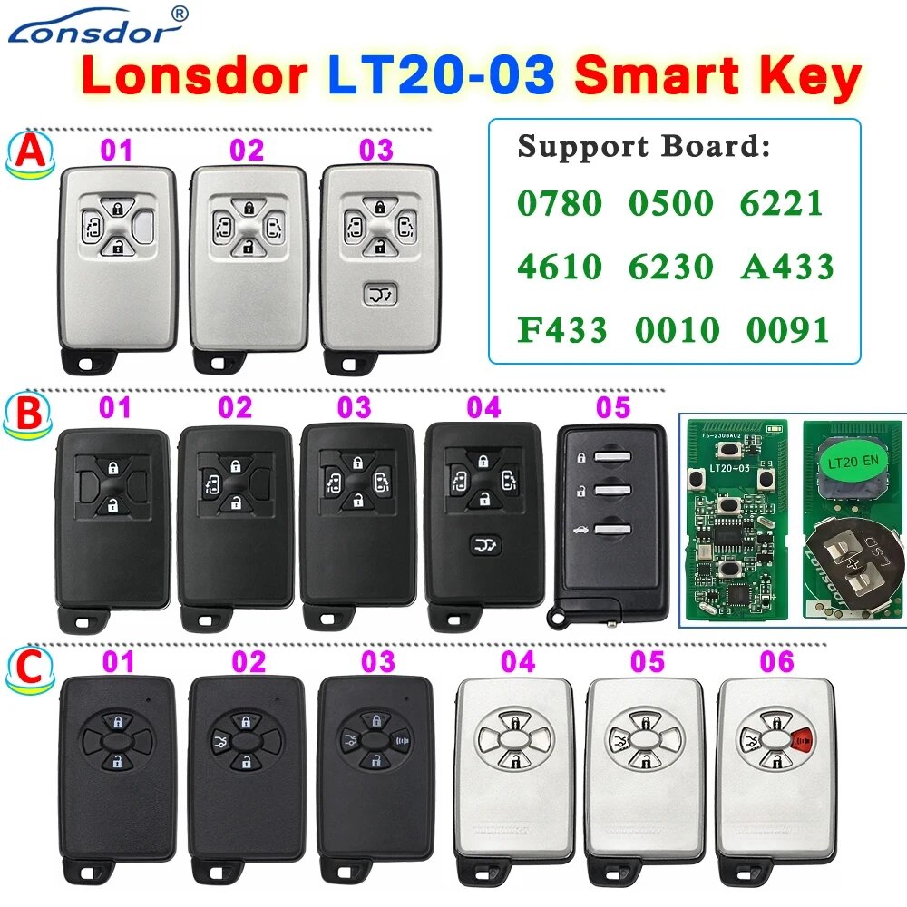 Lonsdor LT20-03 5 кнопок Smart Key PCB 8A + 4D для Toyota Subaru, Регулируемая частота, поддержка 0780 0500 0091 6221 4610 6230 0010 05, C