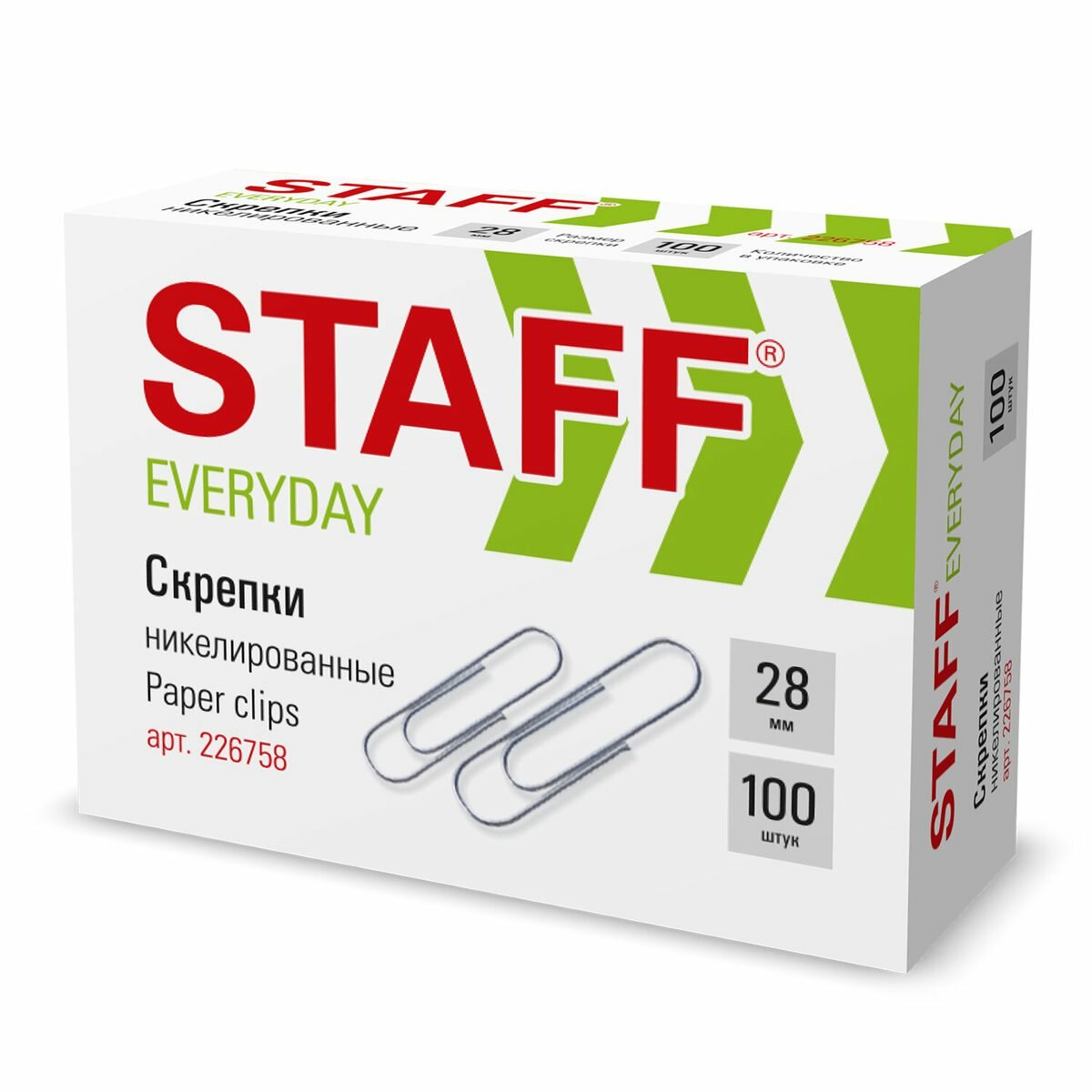 Скрепки Staff (28мм, никелированные) картонная упаковка, 100шт. (226758), 10 уп.