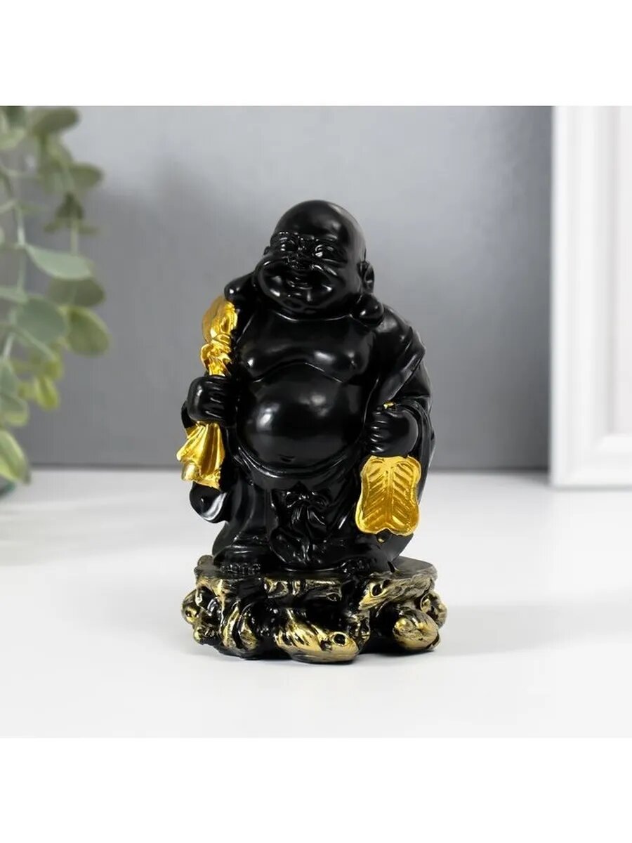 Нэцкэ полистоун "Хотей с золотым мешком и веером" чёрный 6,5