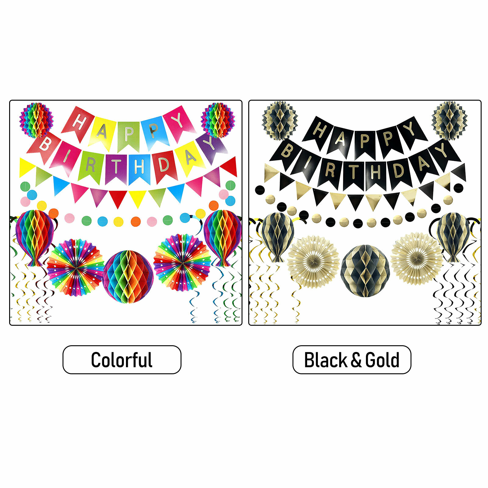 18 шт. Набор баннеров «С днем ​​рождения», черно-золотые украшения для вечеринок, сувениры для вечеринок, подвесные баннеры, бумажные веера, завитки, соты, шарики, бумажные помпоны для дня рождения, свадьбы, душа, украшения для вечеринки в стиле джунглей